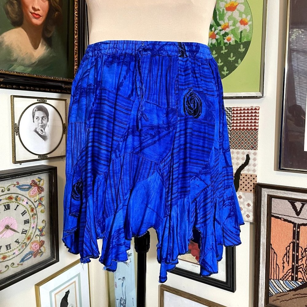 90s Vintage Peaceful People 100% Rayon Blue Patchwork… - Gem